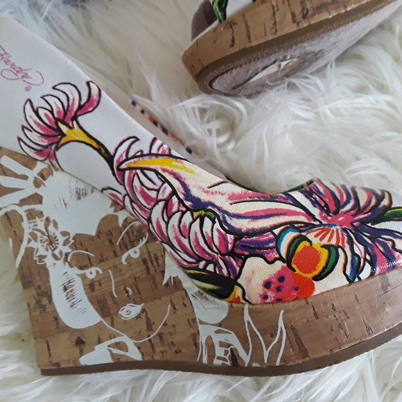 Shoes | Ed Hardy Casablanca Wedge Heels Sandals 7 | Poshmark